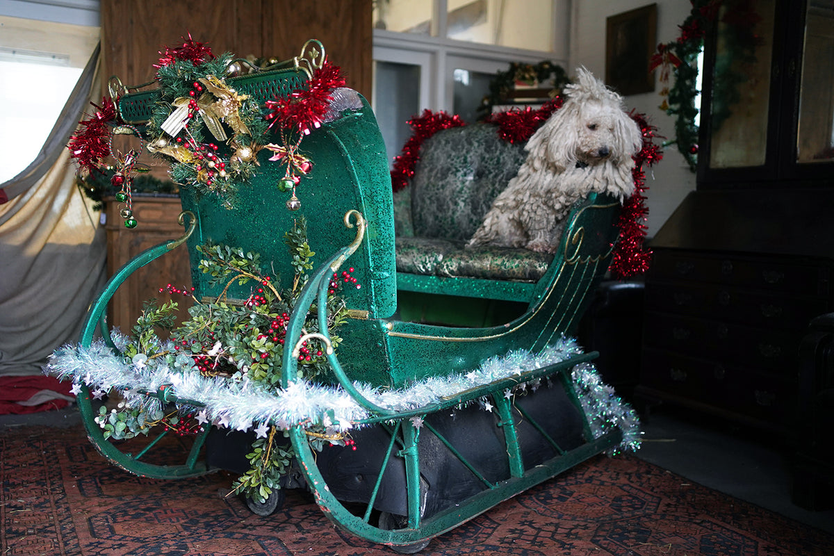 A Full-Size Late Victorian Green & Gold Painted Sleigh; Ex Harrods Dep ...