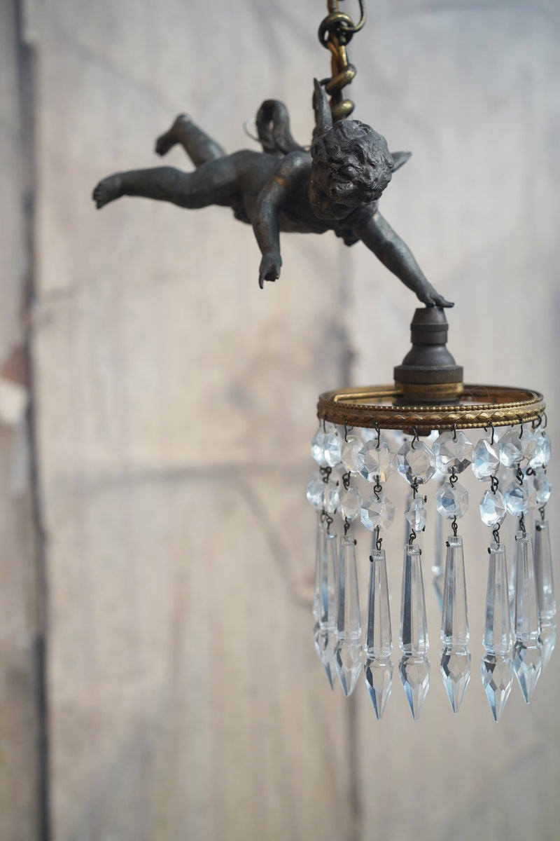 An Early 20thC Pair of Spelter & Prism Glass Hanging Putti Pendants c ...