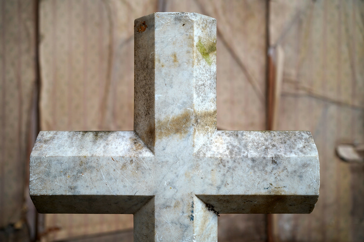 An Early 20thC Carved White Marble Gravestone in the Form of a Latin C ...