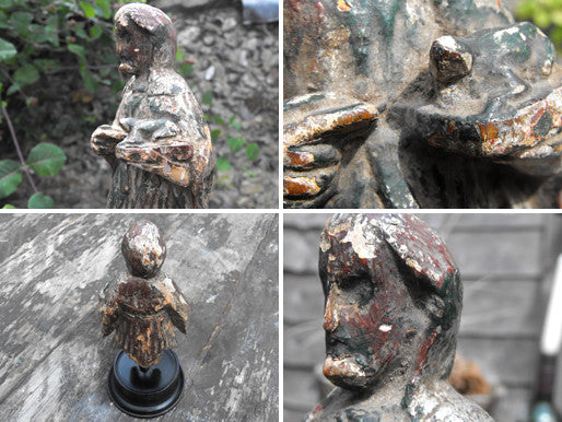 A Fine 17thC Wooden Carved & Polychromed Priest Figurine & Frog on Sta ...