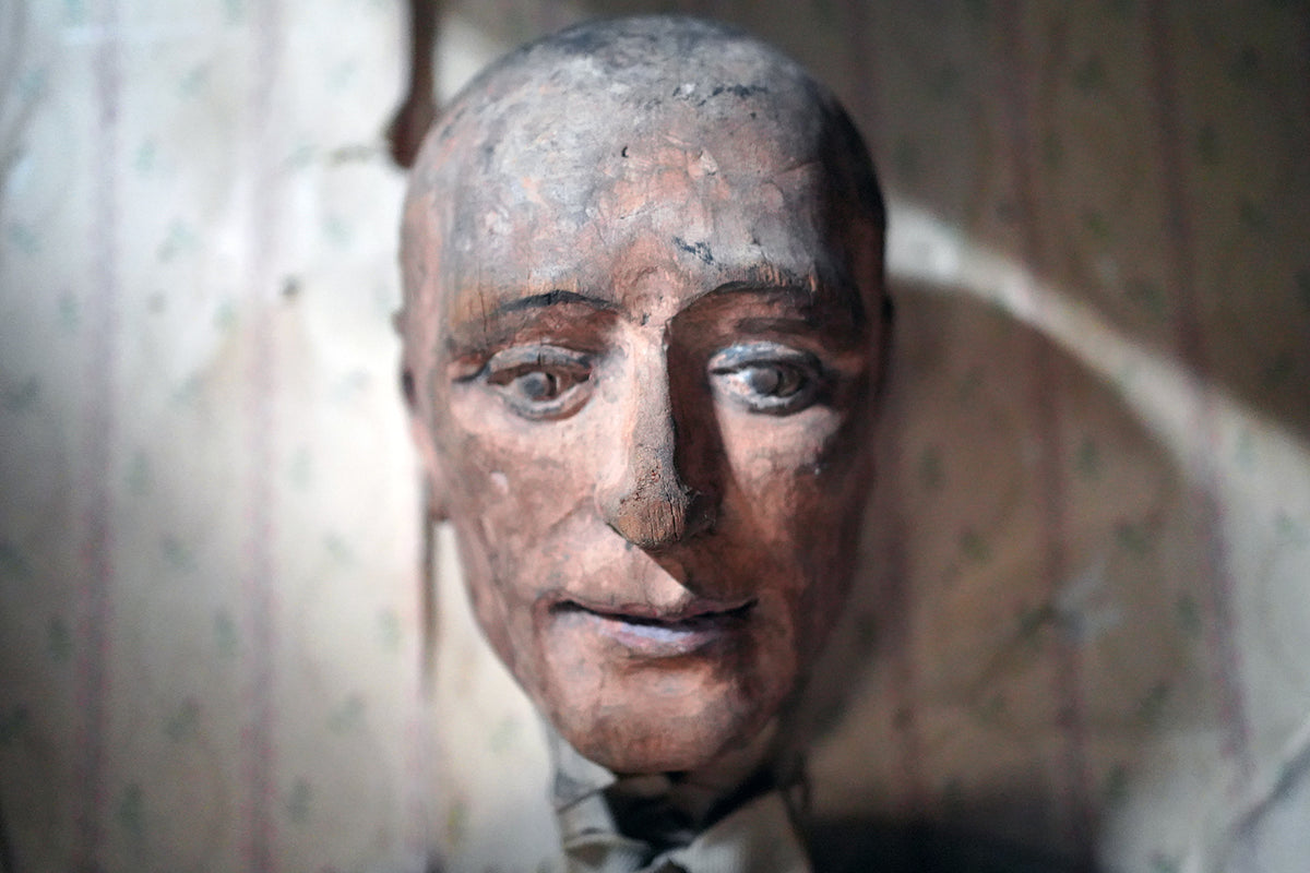 A Late 19thC Carved & Polychrome Painted Dummy Prop Head; Ex Harry Hou ...