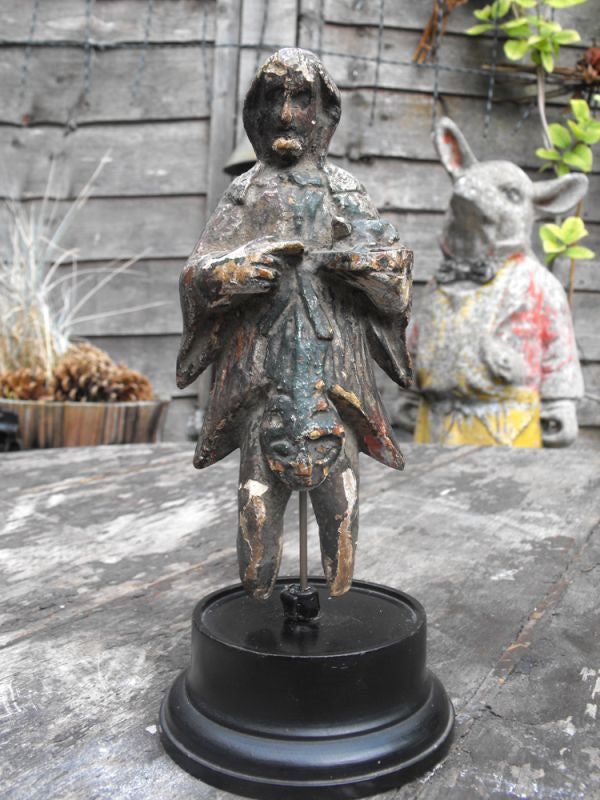 A Fine 17thC Wooden Carved & Polychromed Priest Figurine & Frog on Sta ...