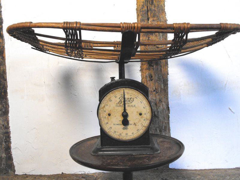 A Vintage Set of Boots Baby Weighing Family Scales with Wicker Basket ...