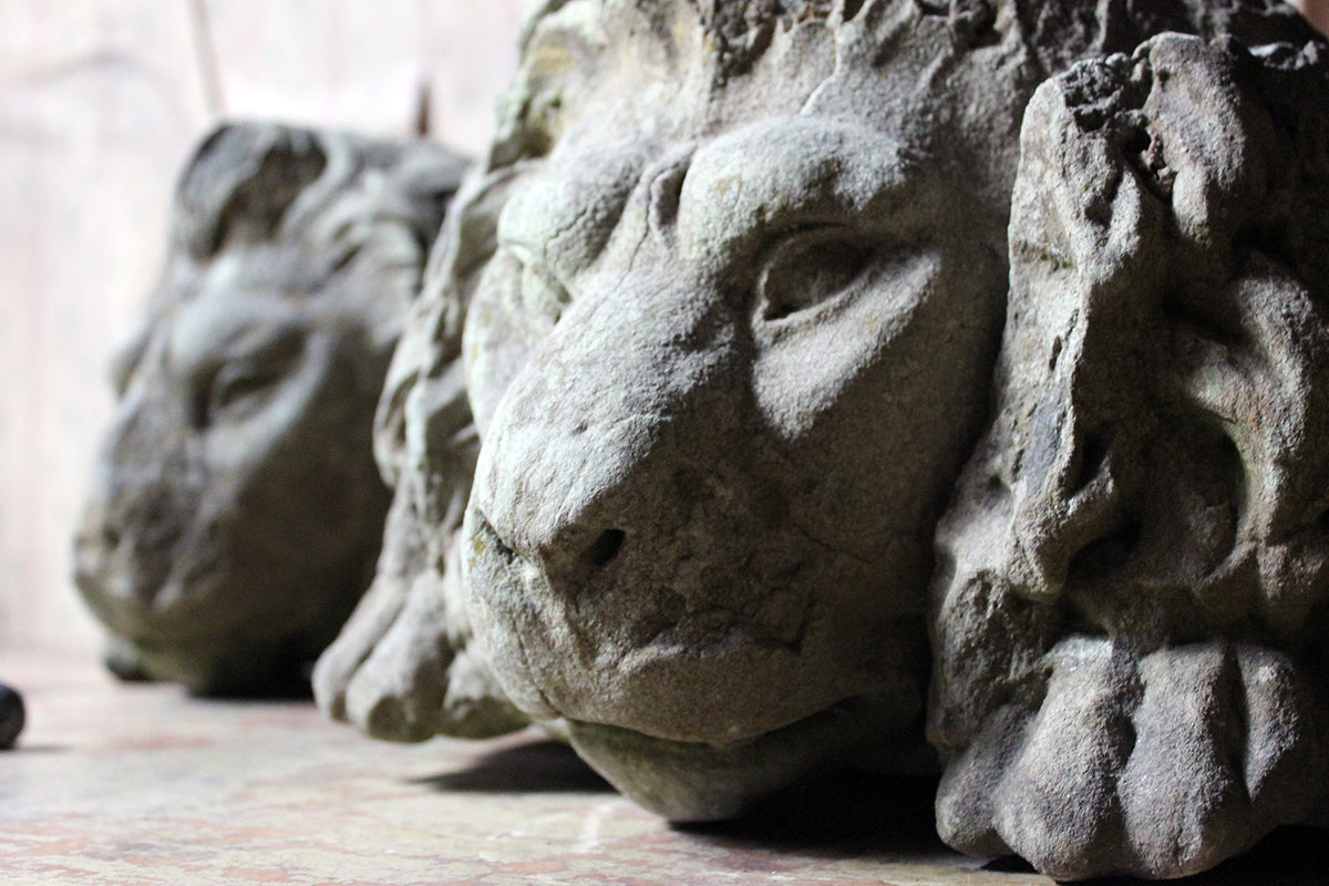 A Pair of 19thC Carved Stone Gate Pier Fragmentary Lion Head Carvings ...